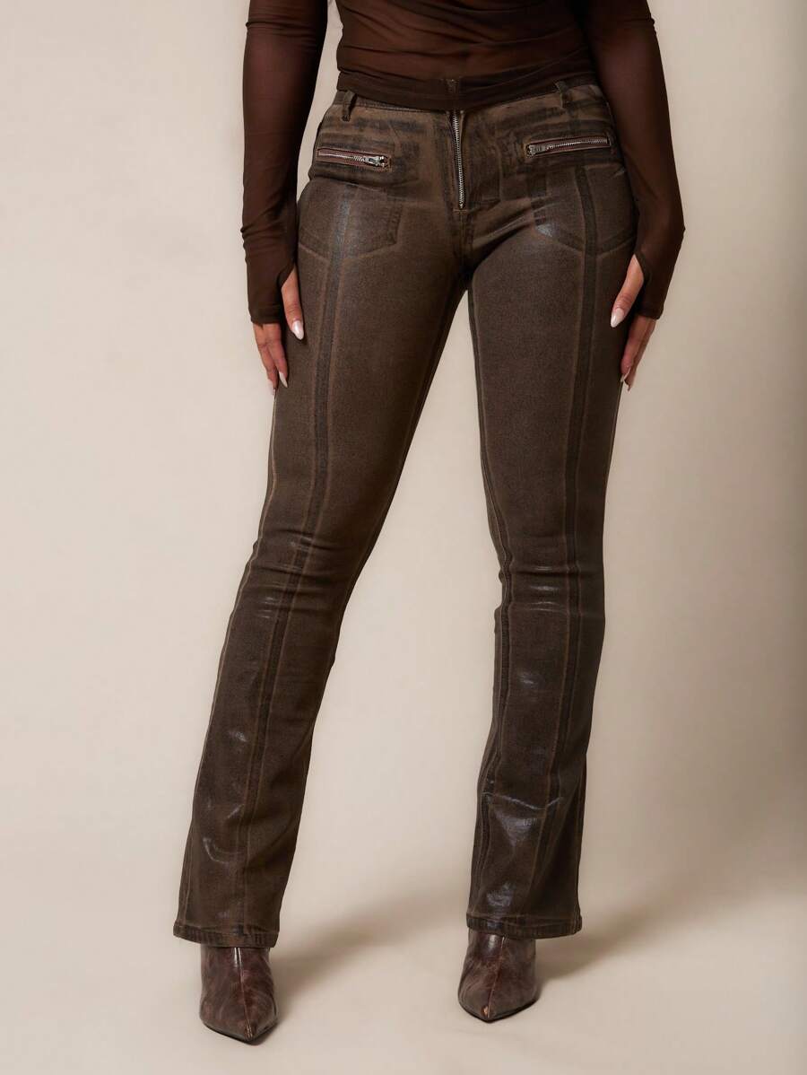 SUMWON Retro High Rise Bootcut Jeans Vintage Style Front Zip Detail Plus Size Fall Winter ...