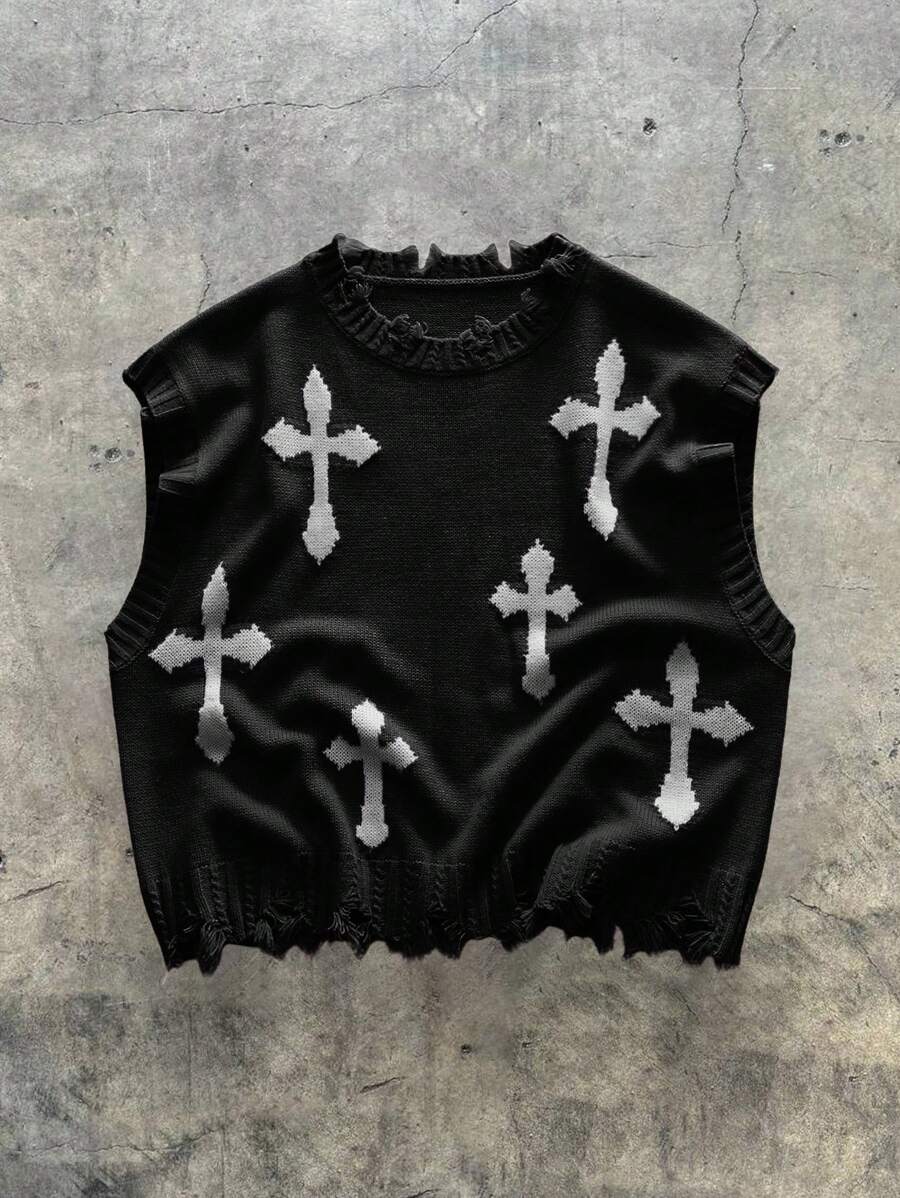 AXEPEAK Camiseta de punto con cuello redondo, gráfico de cruz y bajo ...