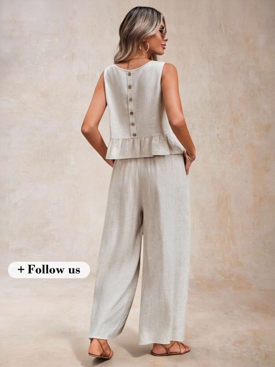 SHEIN LUNE Women 2 Pieces Set Linen Casual Crop Top And Pants | SHEIN USA