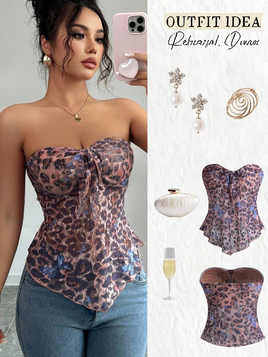 Elenzga Women's Boho Lace Trim Strapless Asymmetrical Hem Cinched Waist ...