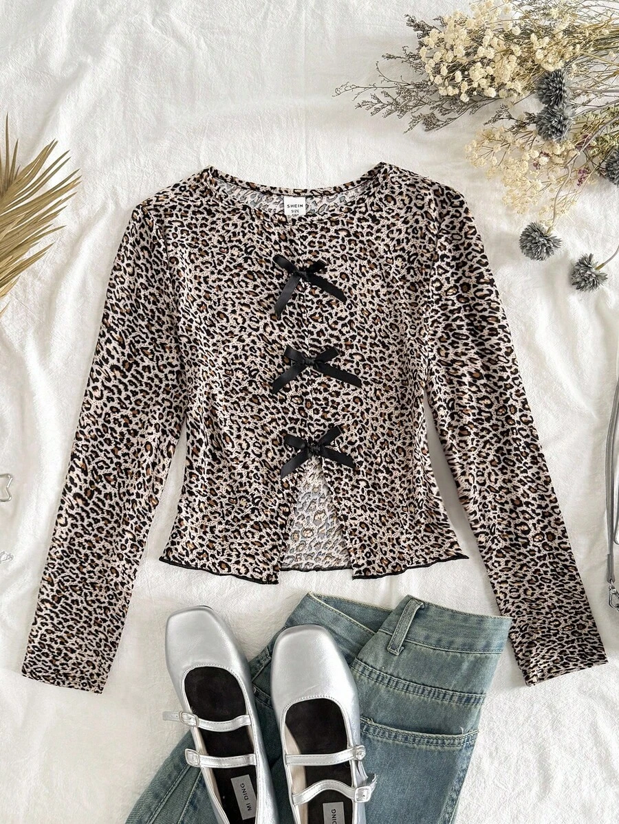 Tween Girls' Casual Leopard Print Crew Neck Long Sleeve Contrast Bow ...