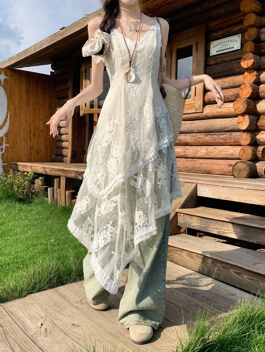 DAZY Vestido midi de camisa de mujer de estilo coreano con encaje para ...
