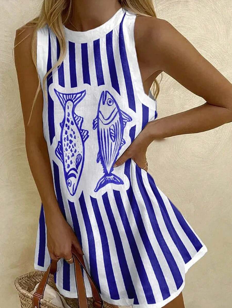 SHEIN EZwear Casual Minimalist Blue & White Color Block Fish Graphic ...