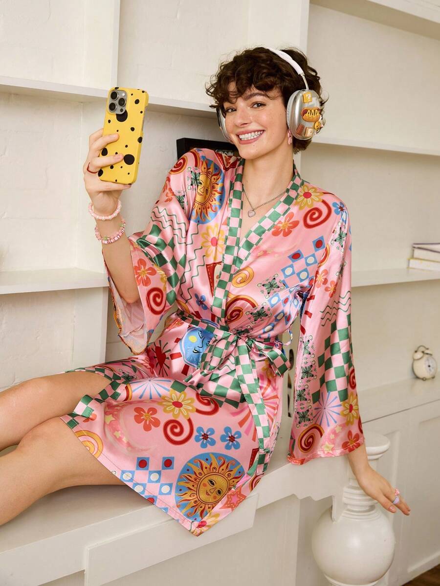 Chillnights Satin Women's Robe With Printed Sun Face And Crescent Moon ...