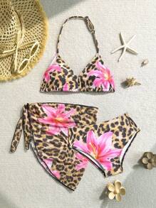 3pcs/Set Tween Girls Leopard & Lily Flower Print Bikini Swimsuit With ...
