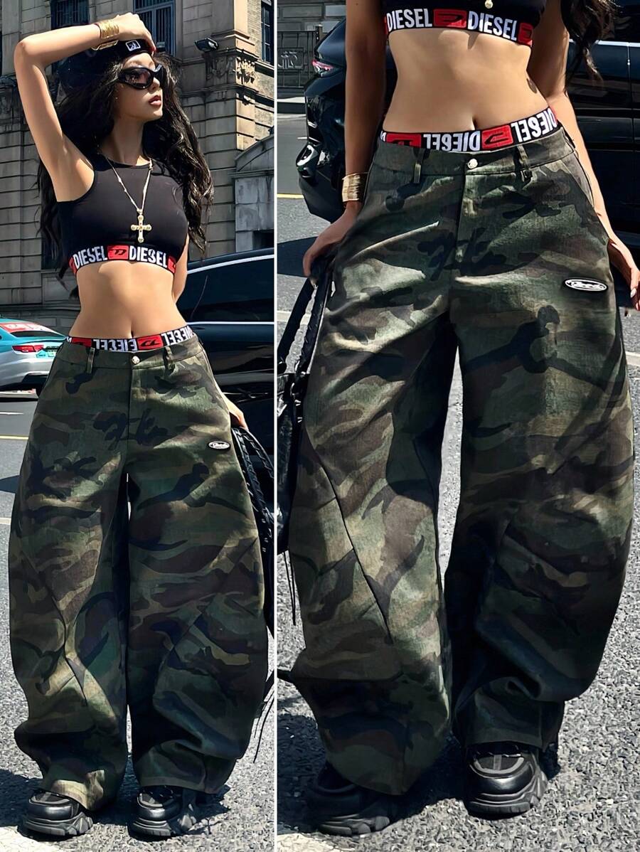 Coolane Calça Larga de Cintura Baixa Camuflada da Floresta Estilo Y2K ...