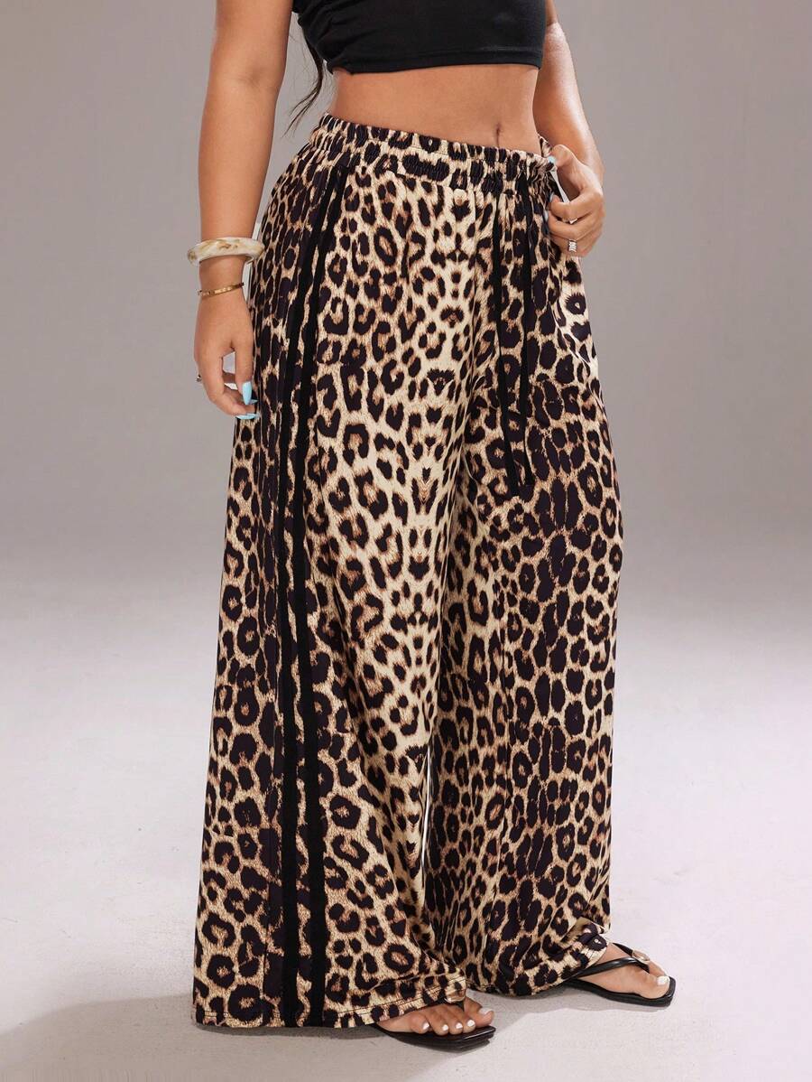 Rustia Plus Size Casual Leopard Print Wide Leg Pants Fall Cloth For ...