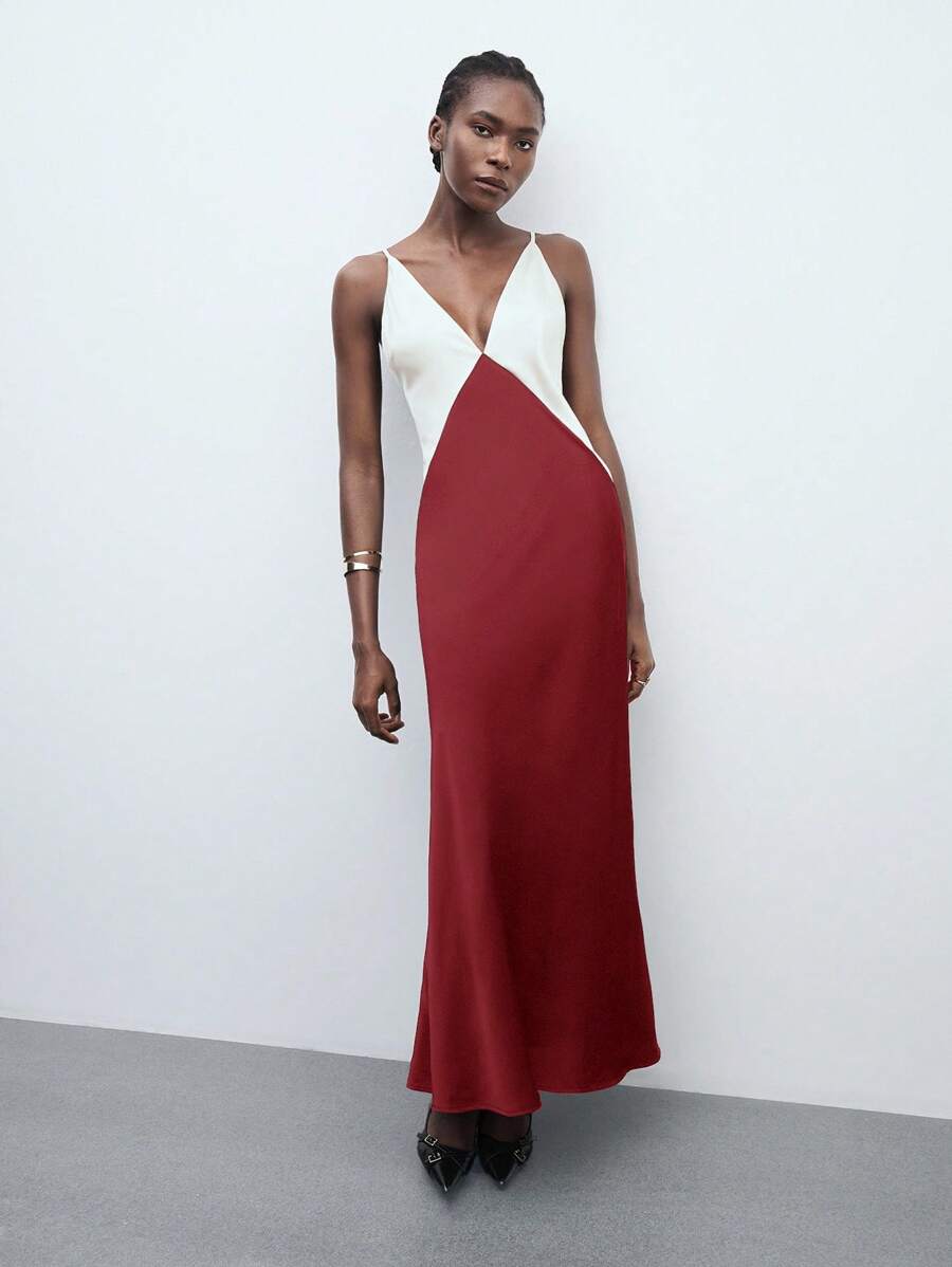 Maija Burgundy & White Contrast V-Neck Sleeveless Fitted Midi Dress ...