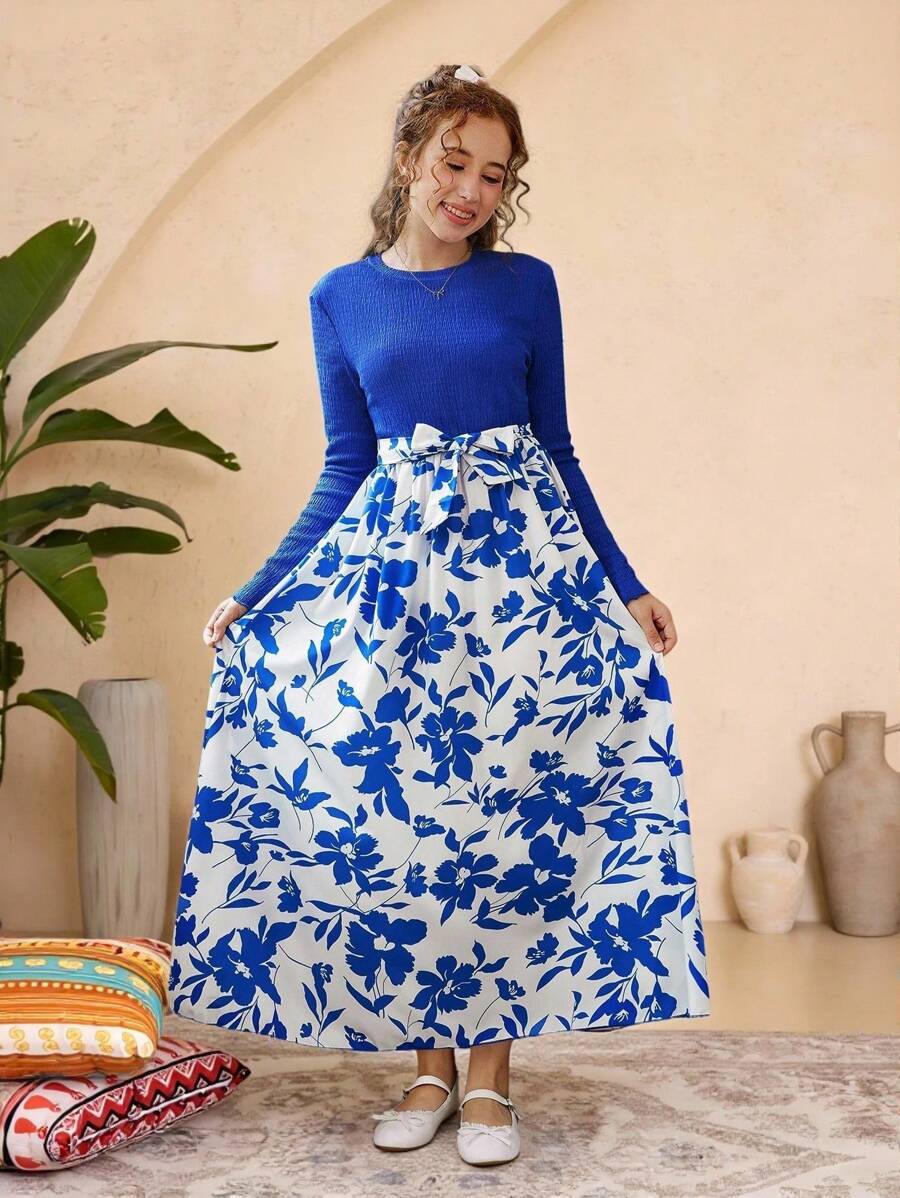 Teenage Girls' Elegant Contrast Color Print Dress, Vacation Circular ...