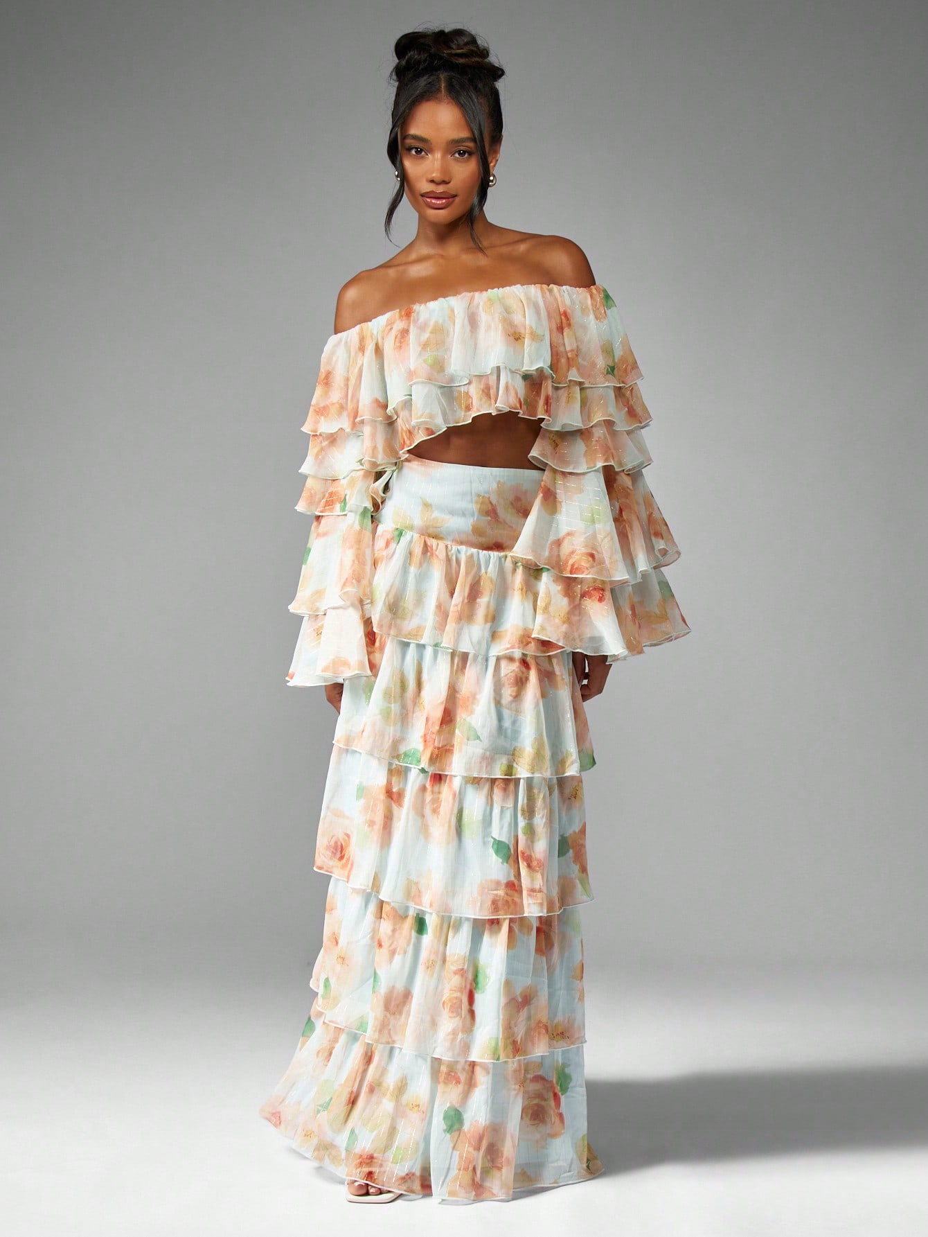 MISSGUIDED Floral Ruffle Tiered Off Shoulder Maxi Elegant Two Piece ...