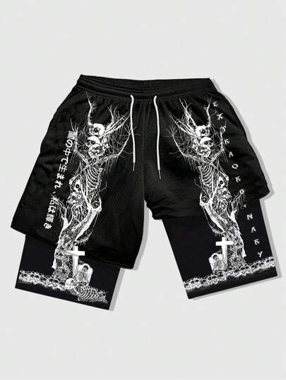 Goth Men's Gothic Graphic Print 2-In-1 Sports Shorts, Suitable For ...