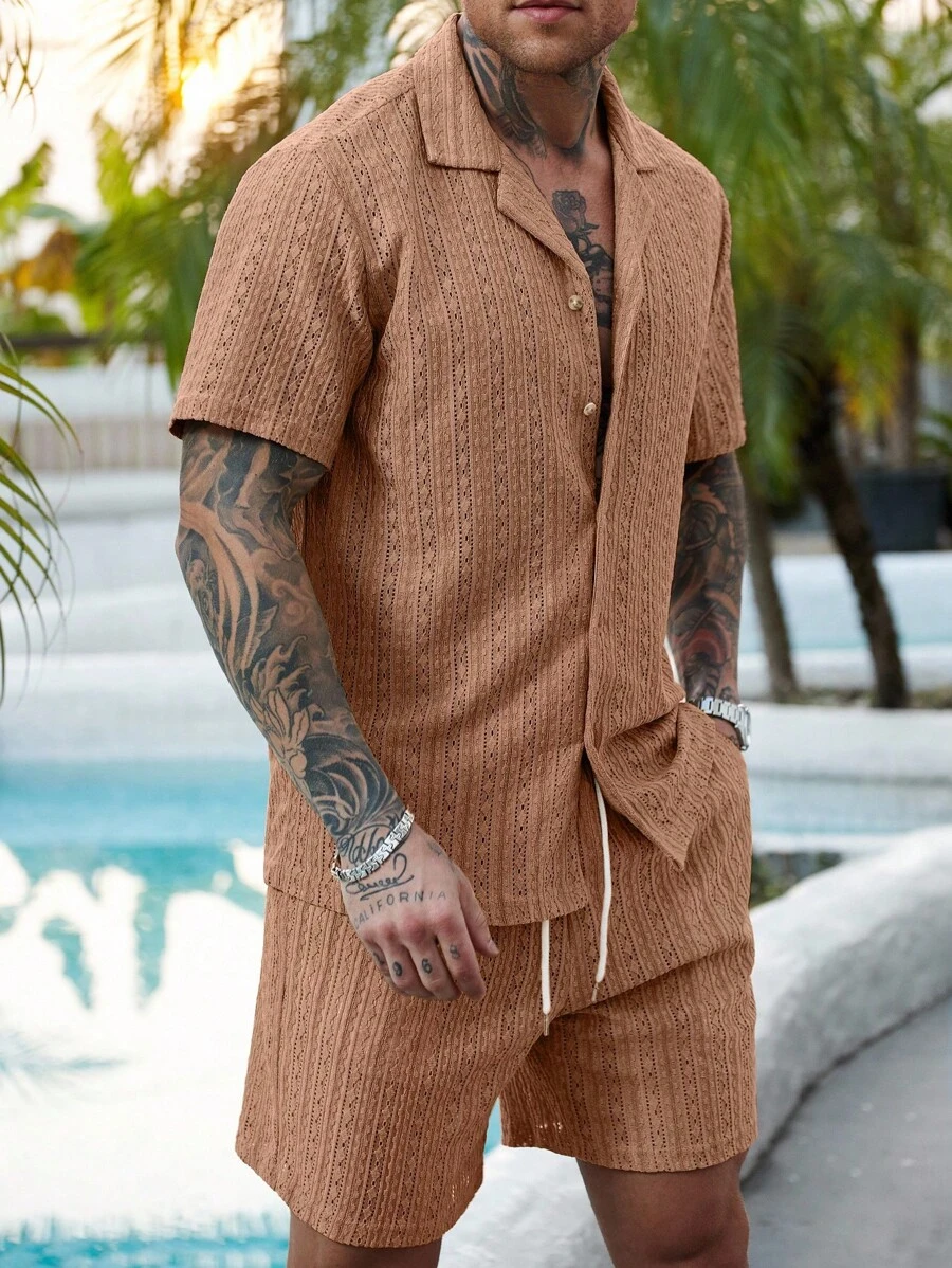 Genlund 2 Pcs/Set Men's Camel Solid Color Button-Down Hollow Shirt And ...