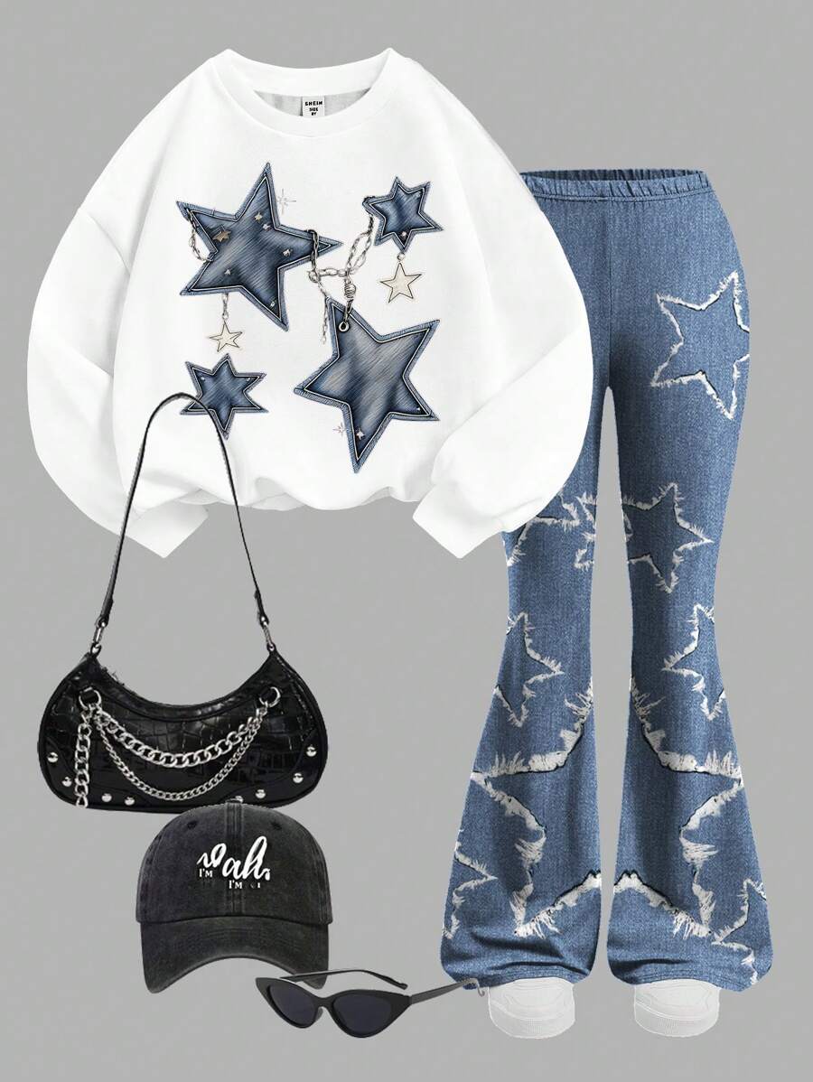 SHEIN Starry Chain Print "Cool Girls" Tween Girls Knit Crew Neck Letter ...