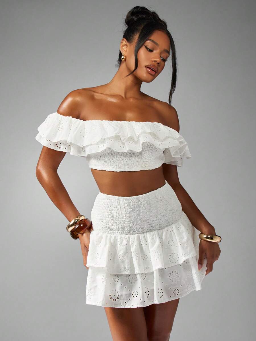 MISSGUIDED Ensemble deux pièces broderie anglaise d'été, Top court épaules dénudées, jupe mini ...