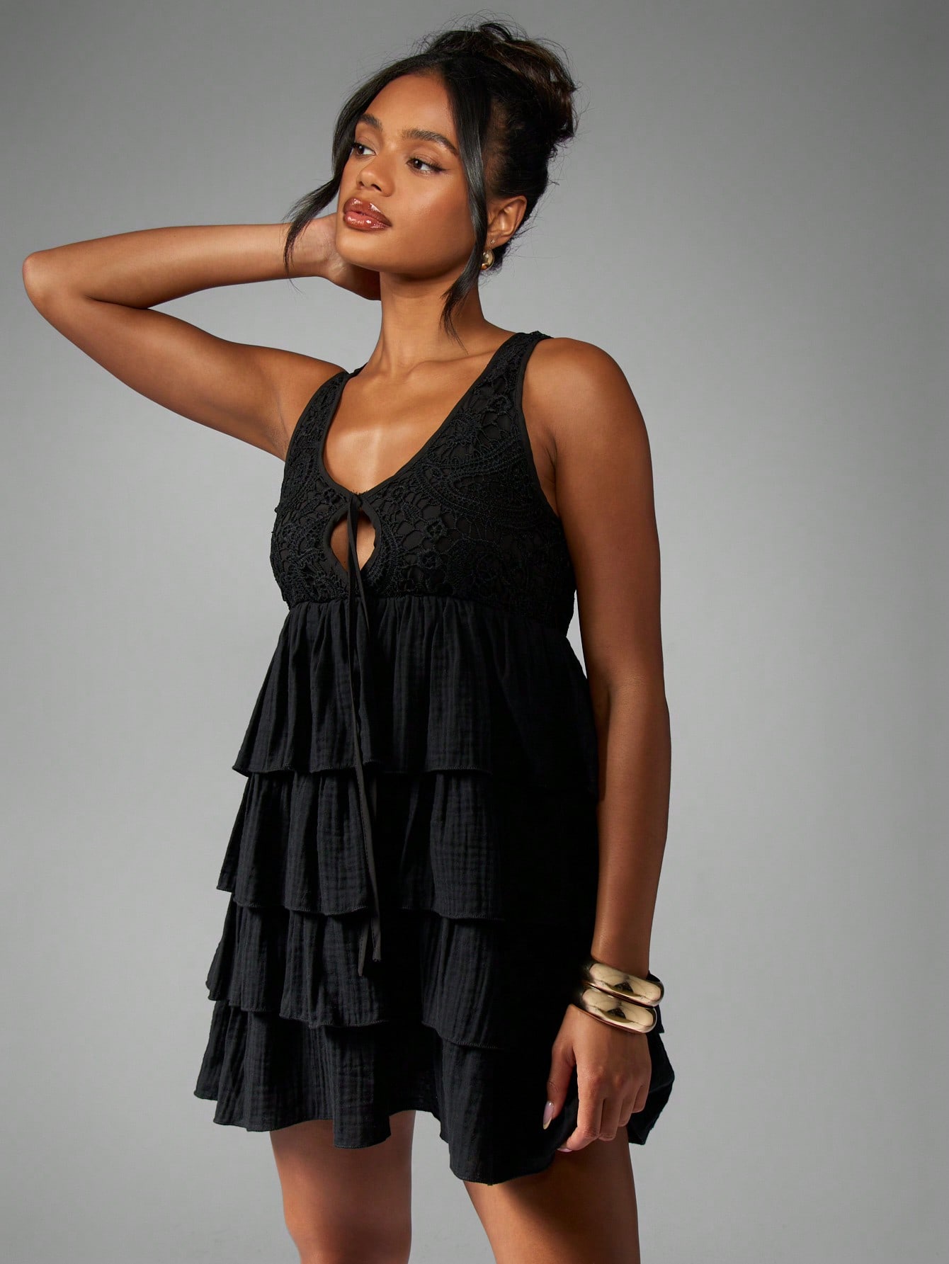 MISSGUIDED Boho Tiered Ruffle Layer Mini Dress With Lace Bodice And Tie ...