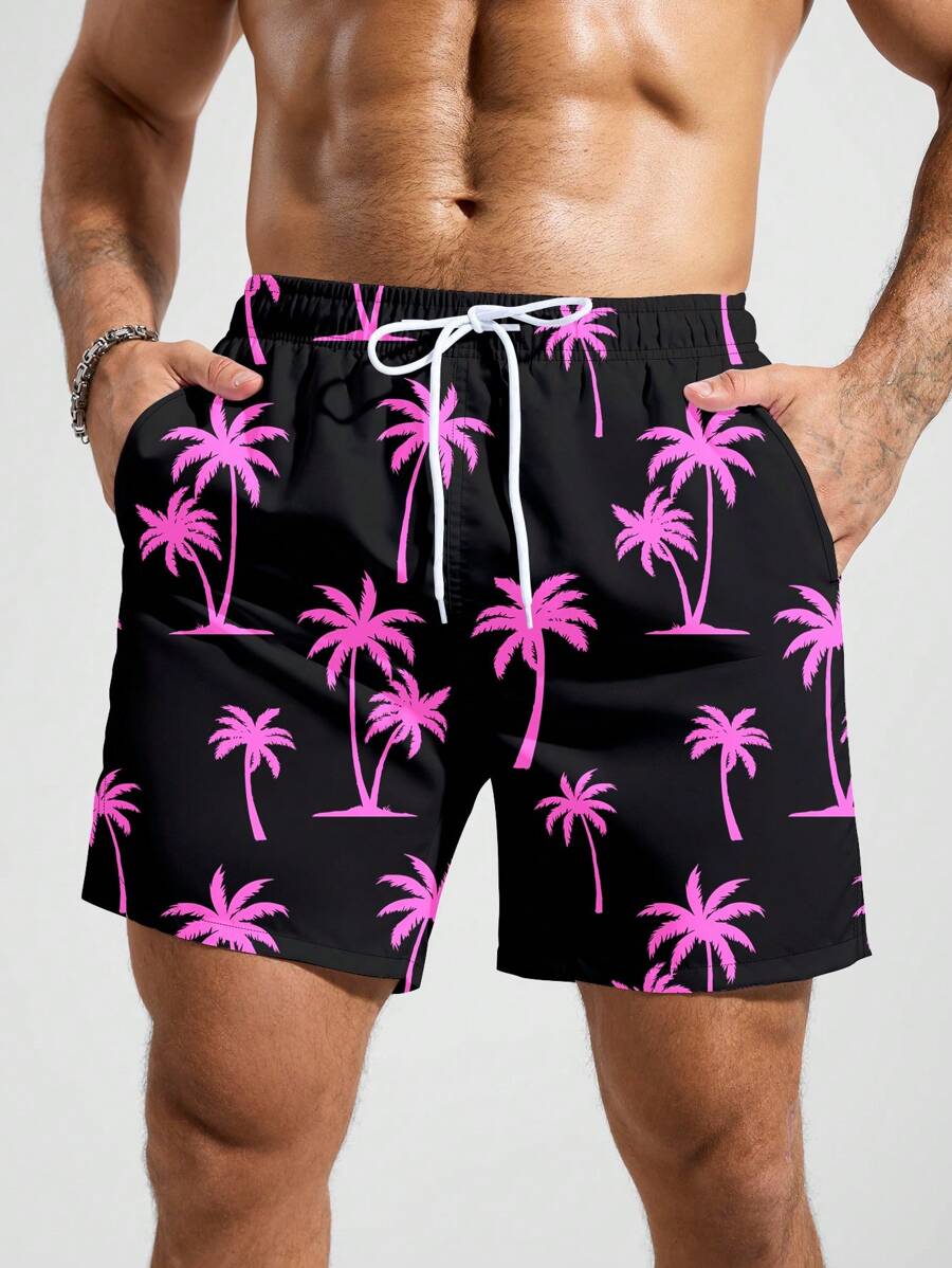 Manfinity Swimmode Men's Palm Tree Print Drawstring Waist Pocket Beach ...