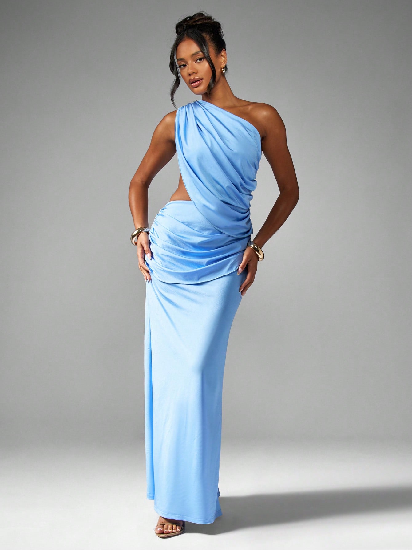 MISSGUIDED One Shoulder Draped Maxi Dress With Side Cut Out｜MISSGUIDED