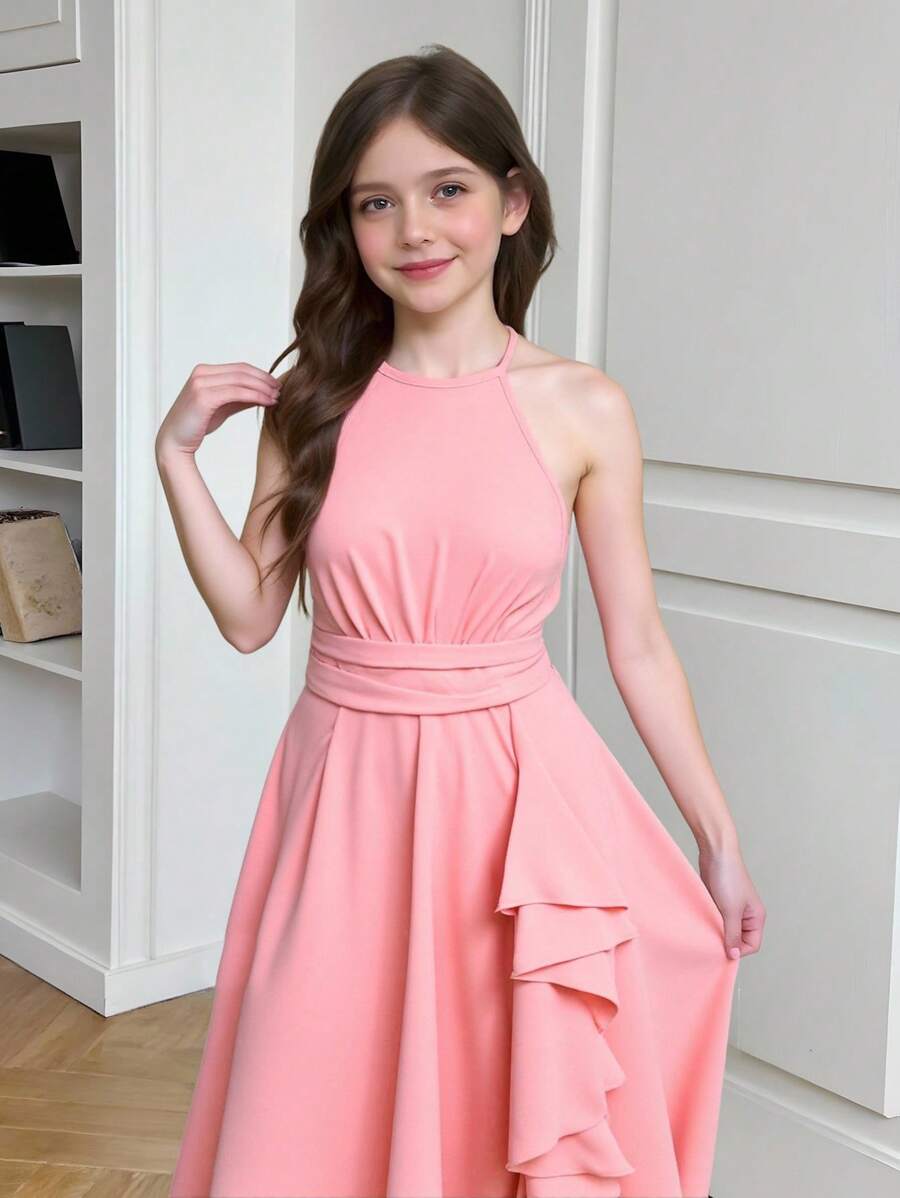 SHEIN Tween Girls Elegant French Pink Long Split Ruffled Tiered Flowing ...