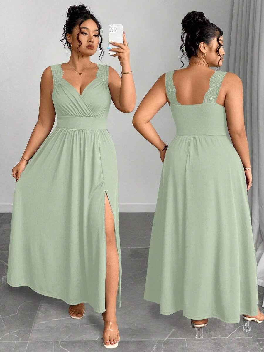 Elenzga Plus Size V-Neck Lace Panel Shoulder Straps A-Line Slit Dress ...