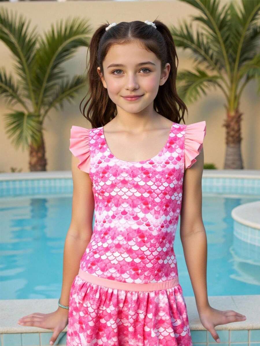 Tween Girl Mermaid Scale Print One-Piece Swimsuit With Mesh Skirt, For Vacation | SHEIN USA