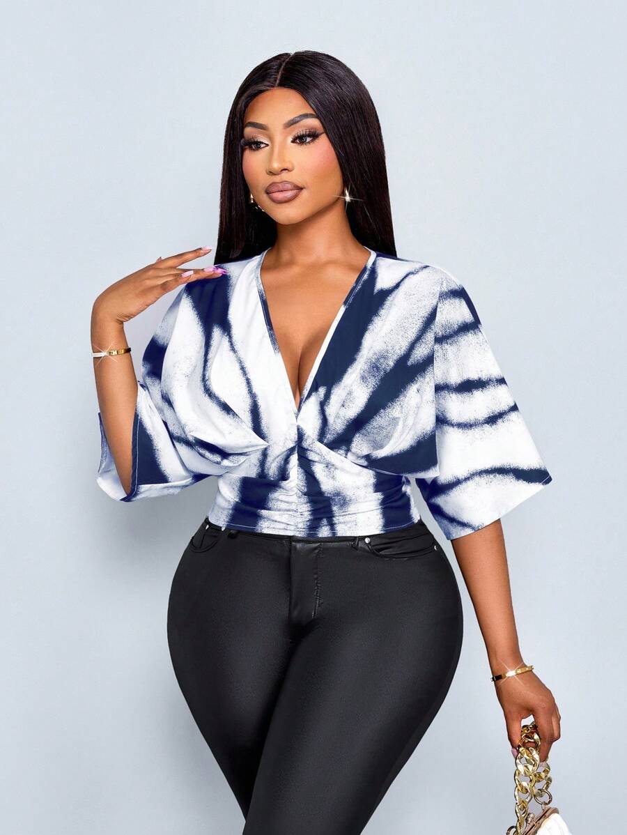 SOLERSUN Women's Floral Print Deep V-Neck Batwing Sleeve Ruched Waist ...