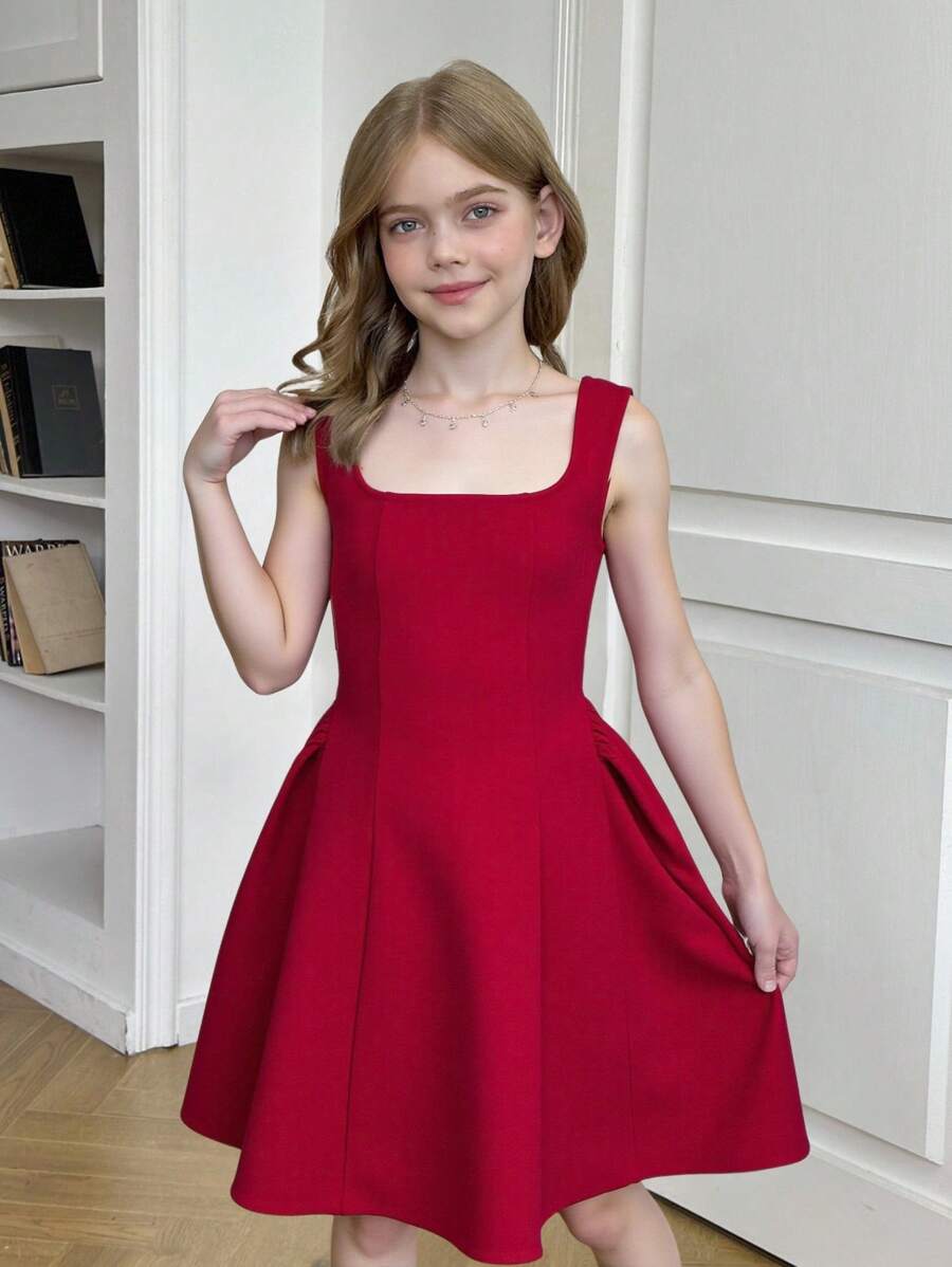 Tween Girl Solid Red Elegant Square Neck Sleeveless A-Line Dress ...