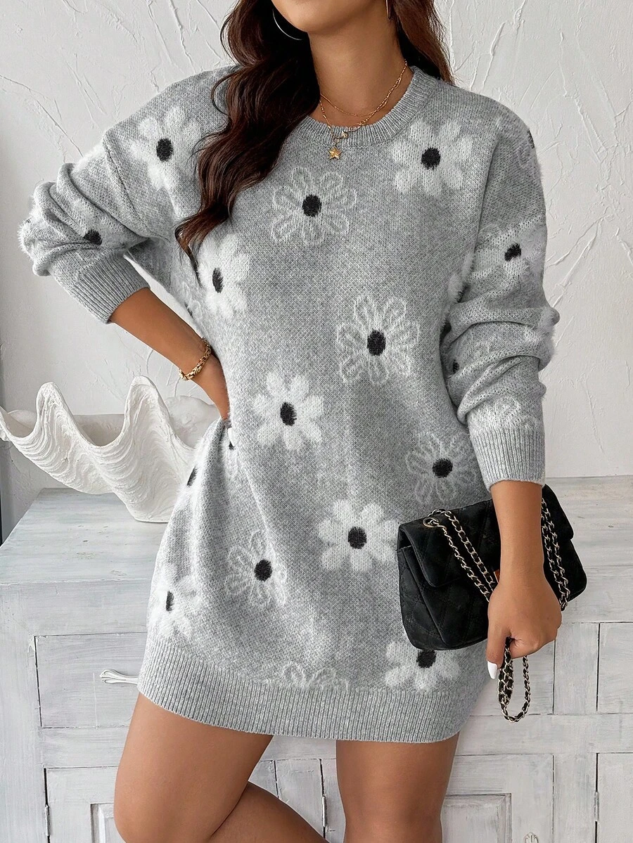 EMERY ROSE Plus Size Women Floral Pattern Round Neck Drop Shoulder Long ...