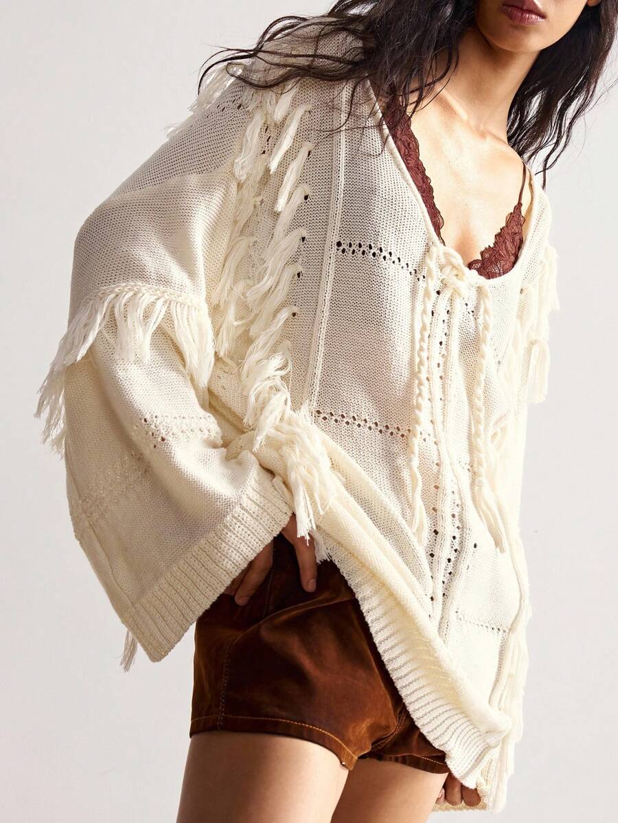 Bohemela Damen einfarbiger Pullover mit Fransen-Design, Loose Fit ...