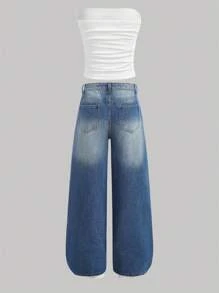 SHEIN 2pcs/Set For Teen Girls - Denim Look White Knit Bandeau Top And ...