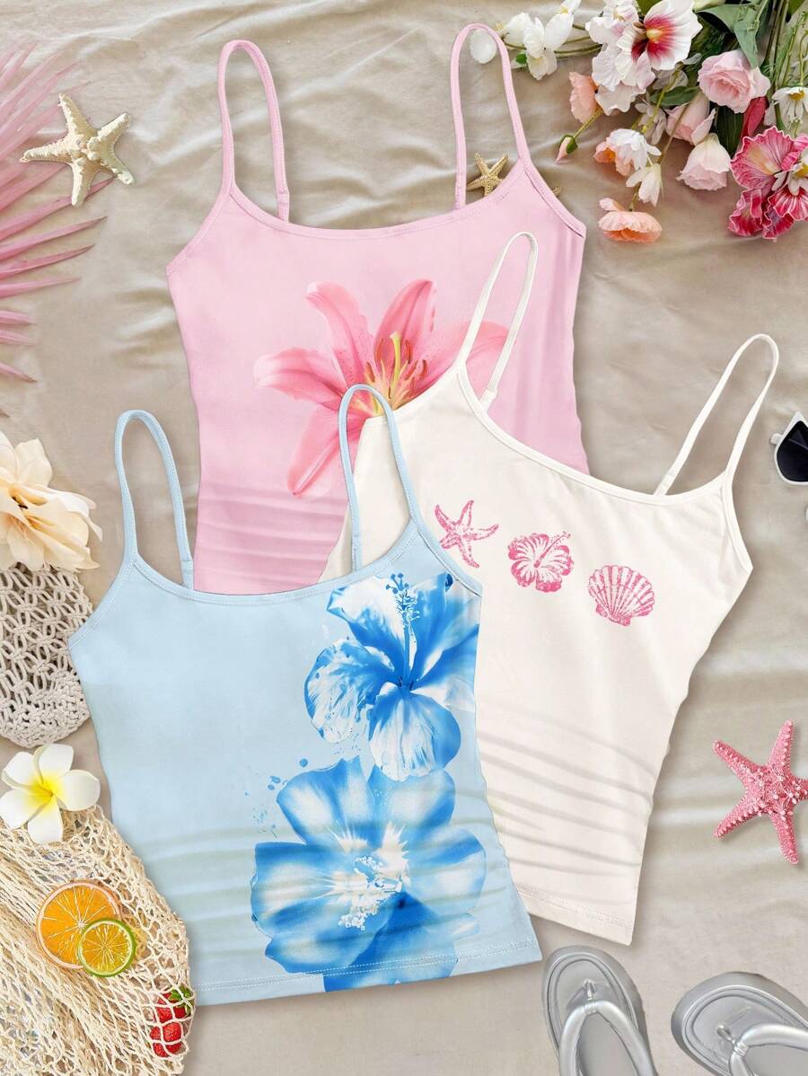 SHEIN 3pcs/Set Tween Girls Tropical Floral & Beach Themed Fitted ...