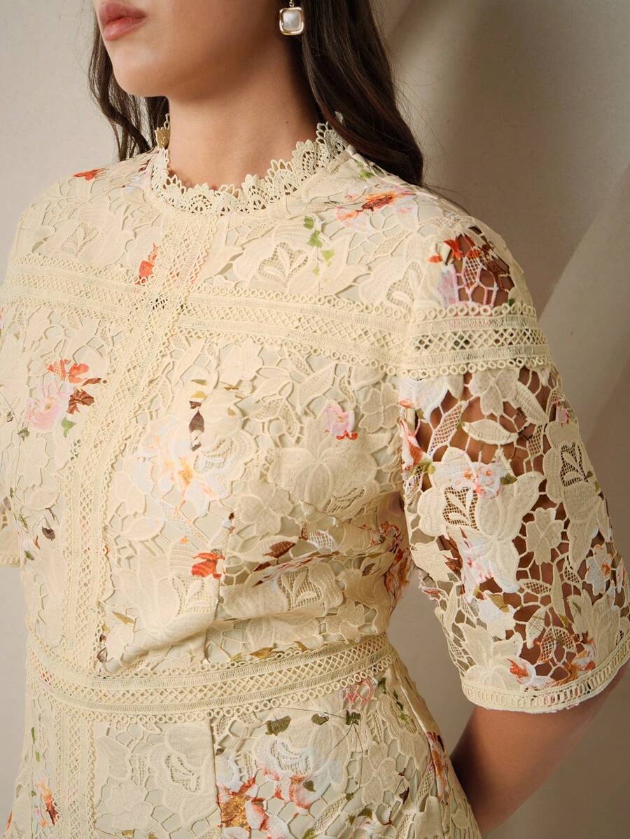 Anewsta Plus Size Printing Flower Shaped Water Soluble Lace Short Sleeve Mermaid Dress MaxiWomen ...