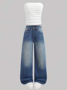 SHEIN 2pcs/Set For Teen Girls - Denim Look White Knit Bandeau Top And ...