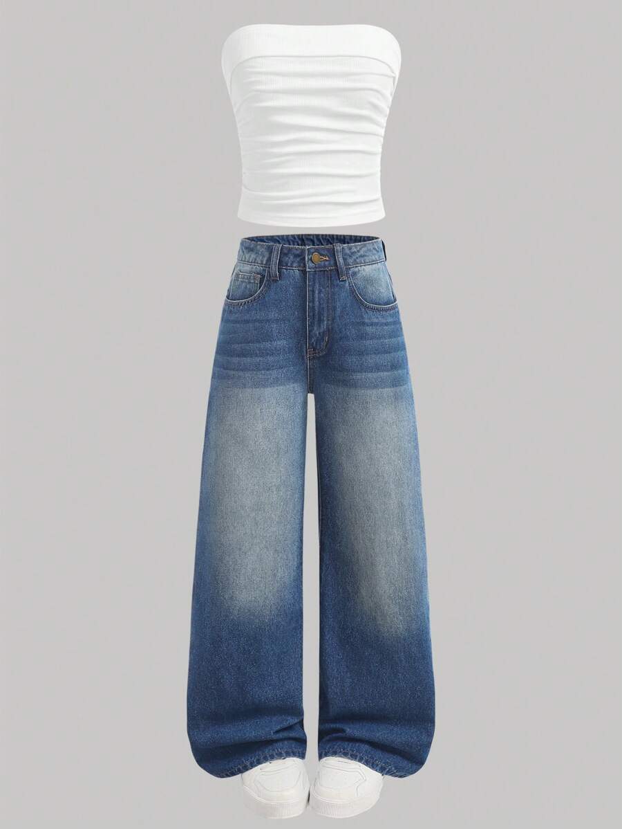 SHEIN 2pcs/Set For Teen Girls - Denim Look White Knit Bandeau Top And ...