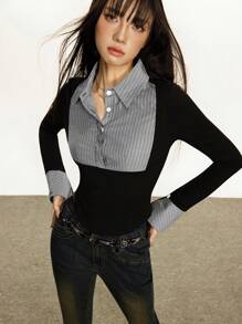 Rina Fox Striped Print Flounce Sleeve Shirt,Long Sleeve Tops Fall Cloth ...