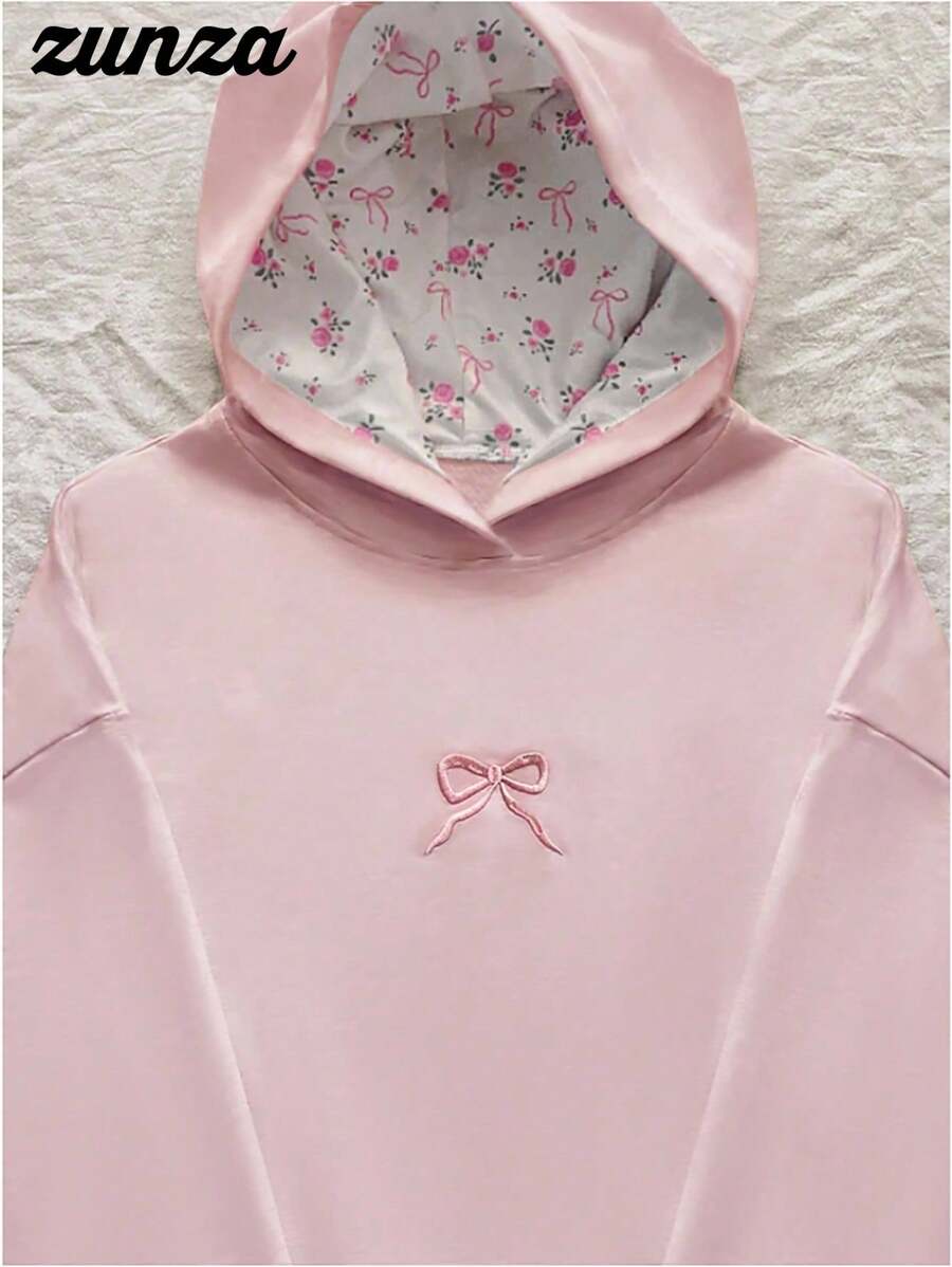 Teens Girls' Casual Fashion Cute Pink Bow Embroidered Hoodie Sweatshirt ...