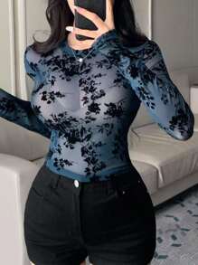 DAZY Women's Floral Allover Print Sheer Long Sleeve Top, Lightweight ...