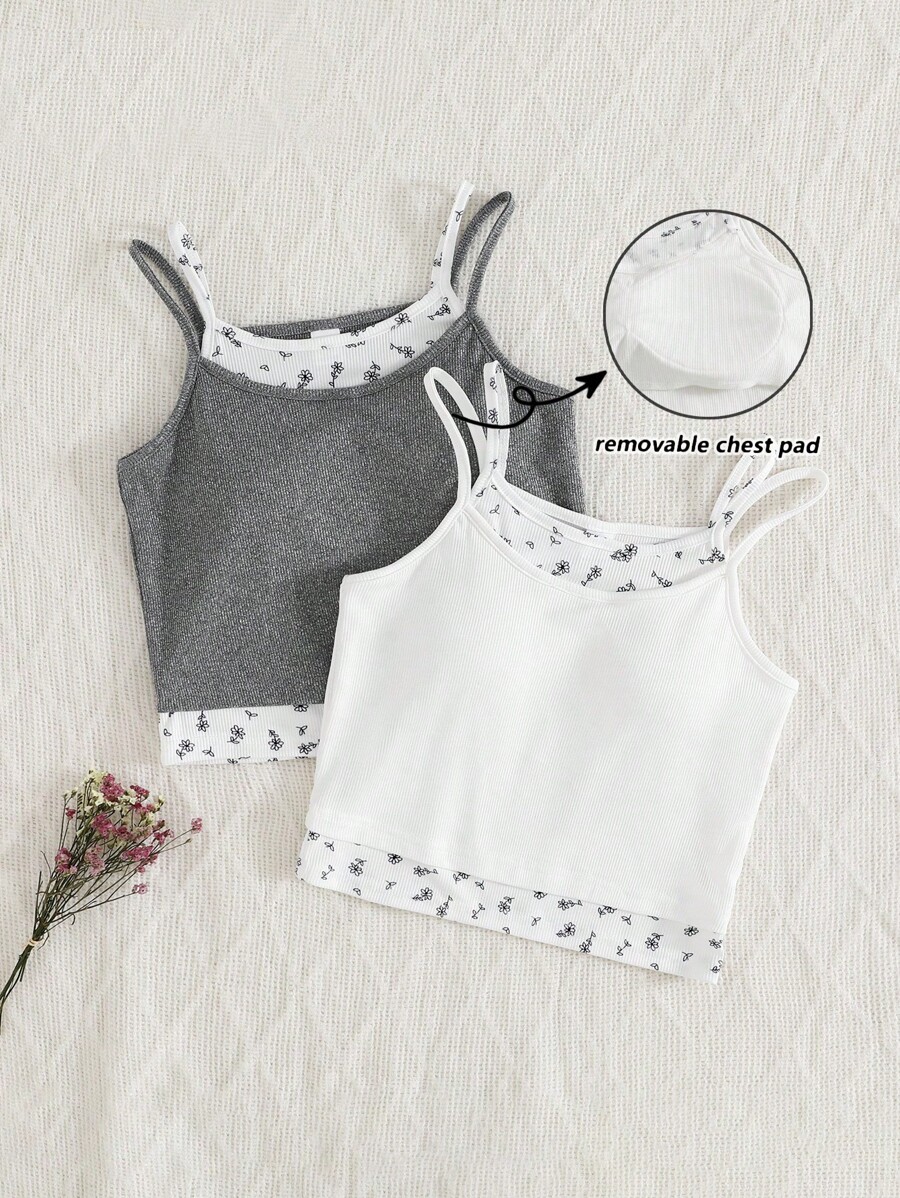 Tween Girls' Solid Mini Stripe 2 In 1 Floral With Padded Camisole Tank ...