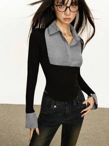 Rina Fox Striped Print Flounce Sleeve Shirt,Long Sleeve Tops Fall Cloth ...