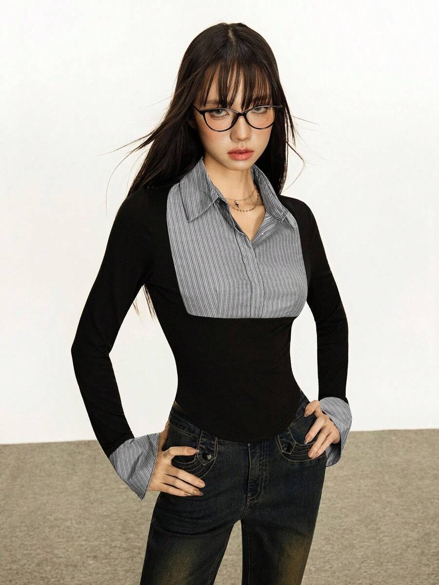 Rina Fox Striped Print Flounce Sleeve Shirt,Long Sleeve Tops Fall Cloth ...