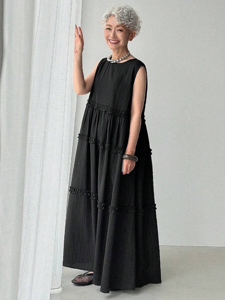 FRIFUL Women's Sleeveless Dress With Crew Neck, Drawstring Back Design ...