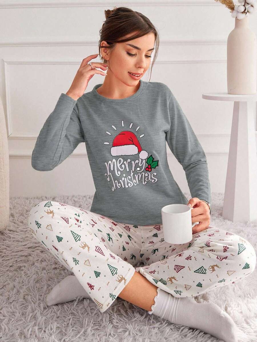 Women Comfortable Christmas Hat, Letter Print Long Sleeve Top And Pants ...