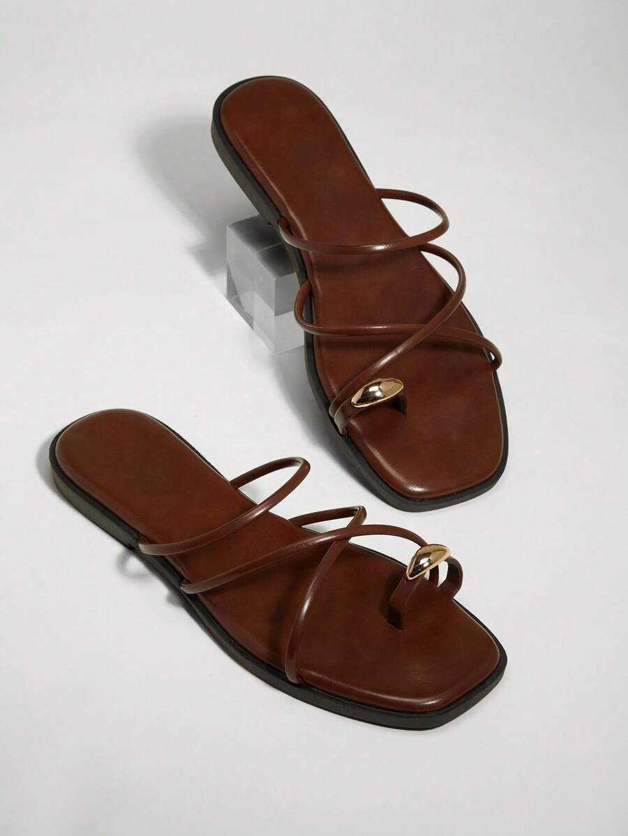 SHUZIA Women's Sleek Lustrous Textured Brown With Gold Accent Ring Toe ...