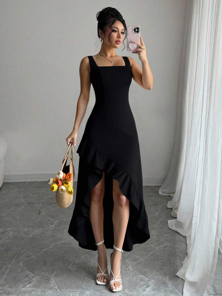 Rafferiza Women Square Neck Ruffle Trim High-Low Dress | SHEIN