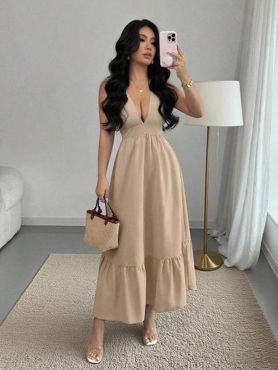 Calvaya Elegant Bowknot Drawstring Waist V-Neck Sleeveless Dress, Blue ...