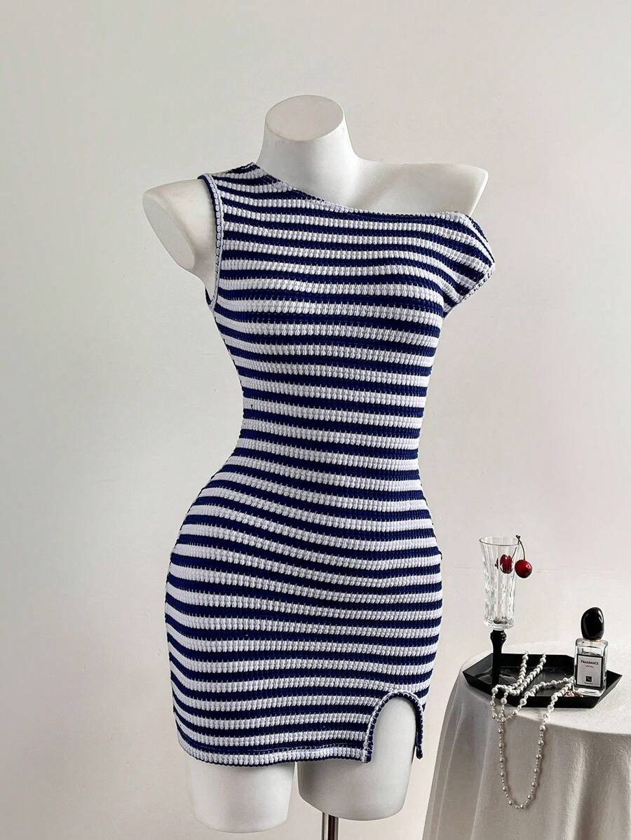 Elamini Blue & White Striped Jacquard Texture Asymmetric One Shoulder ...