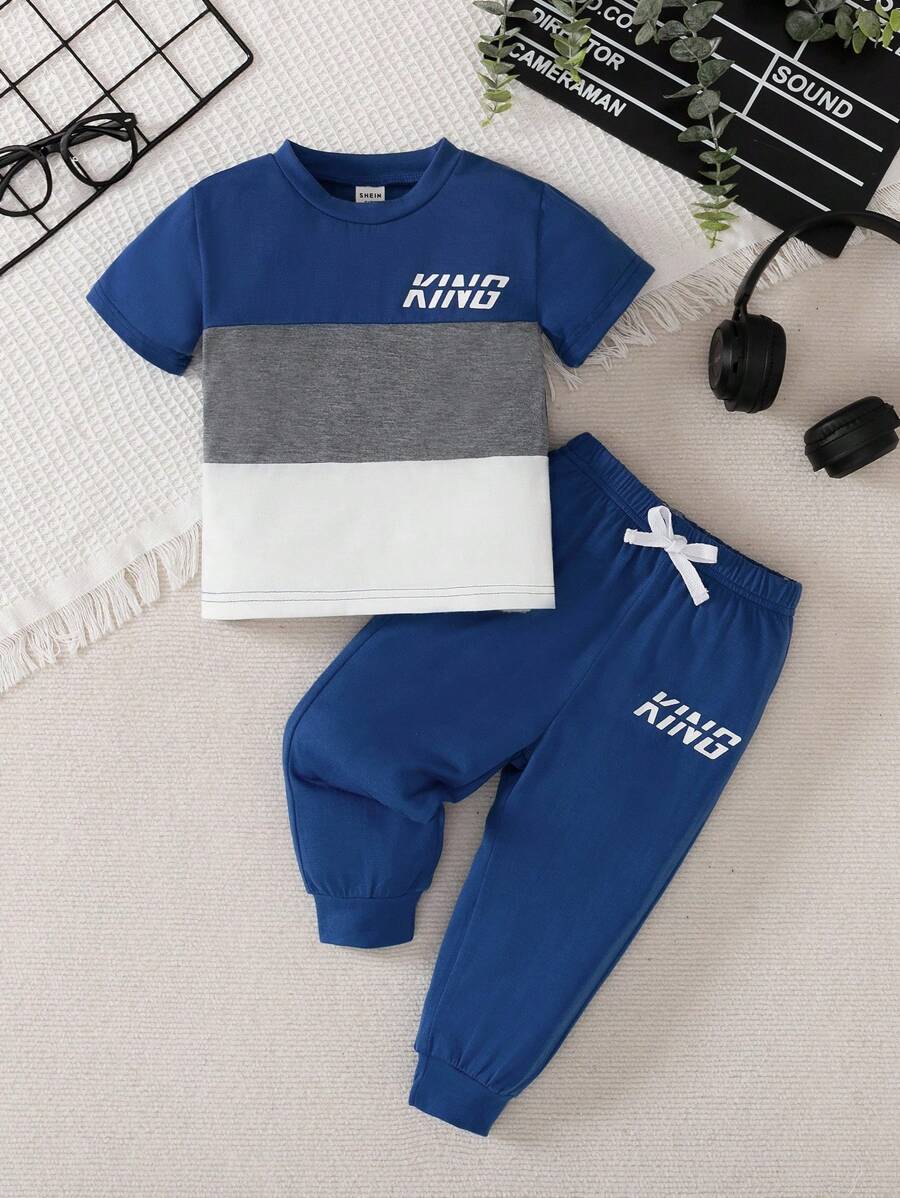 SHEIN Playful Pals 2pcs/Set Baby Boys Casual Colorblock Letter Print ...