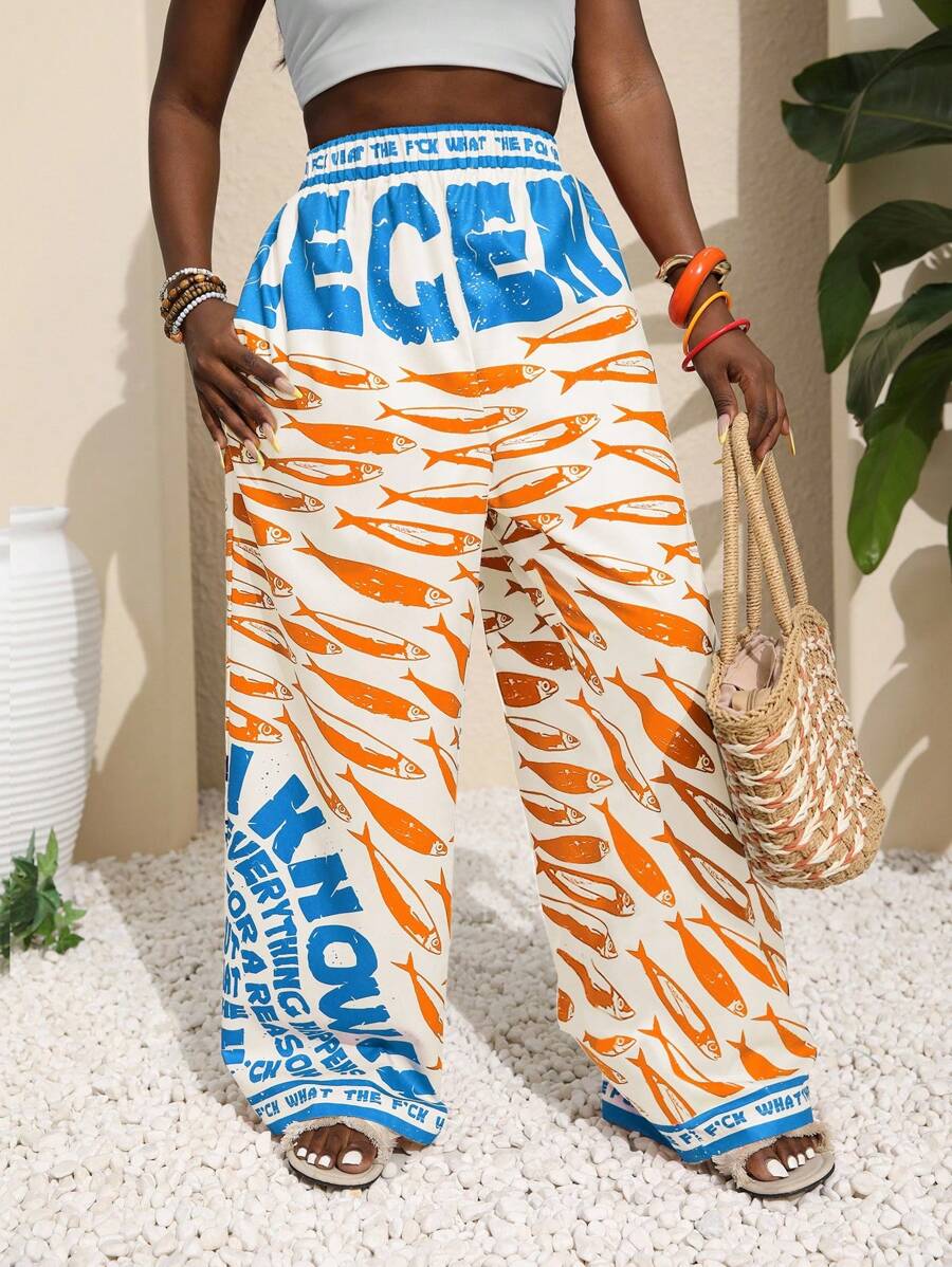 Plus Size Women Loose Vacation Letter & Fish Print Elastic Waist Wide ...