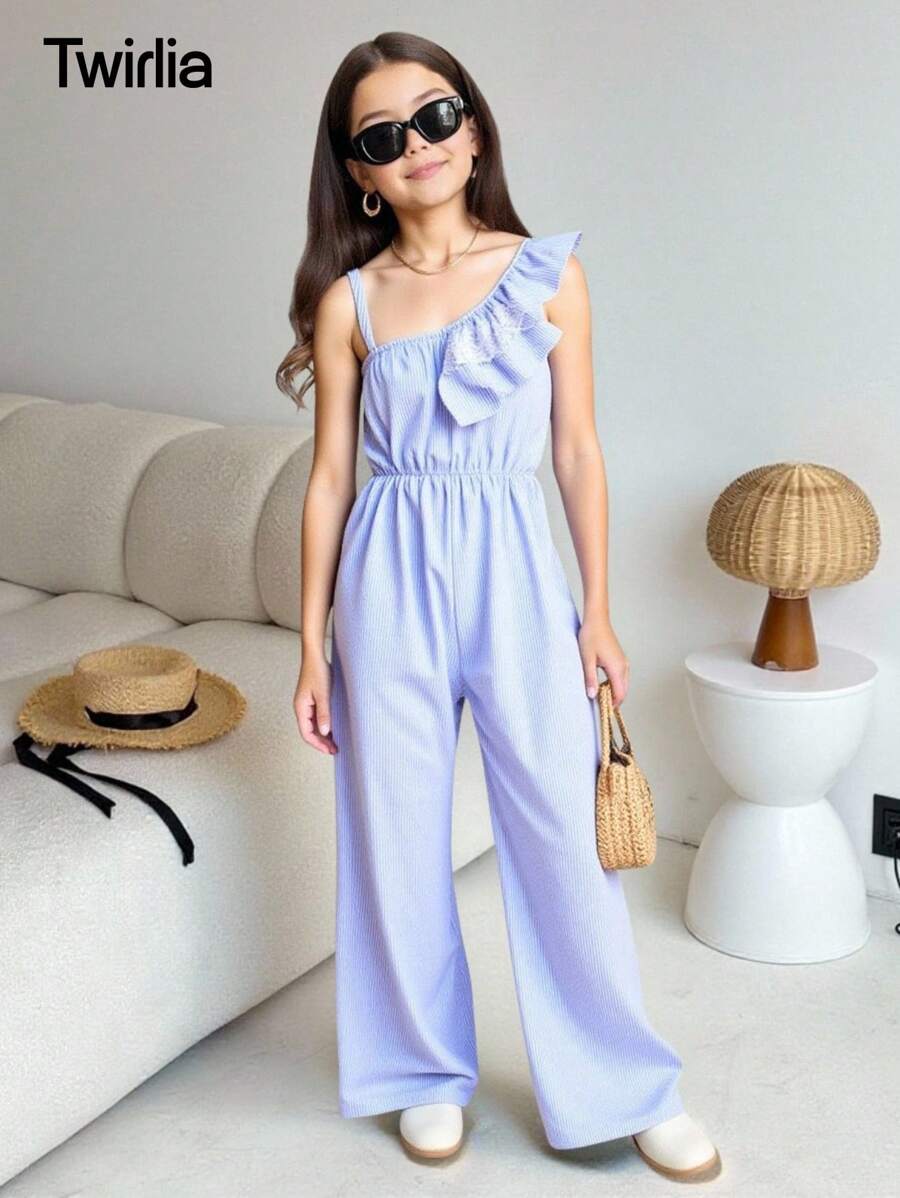 SHEIN Tween Girl Stripe Asymmetrical Ruffle Collar Jumpsuit | SHEIN USA