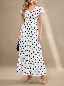 Amorya Women's Elegant Shirred Ruffle Sleeve Black & White Polka Dot ...