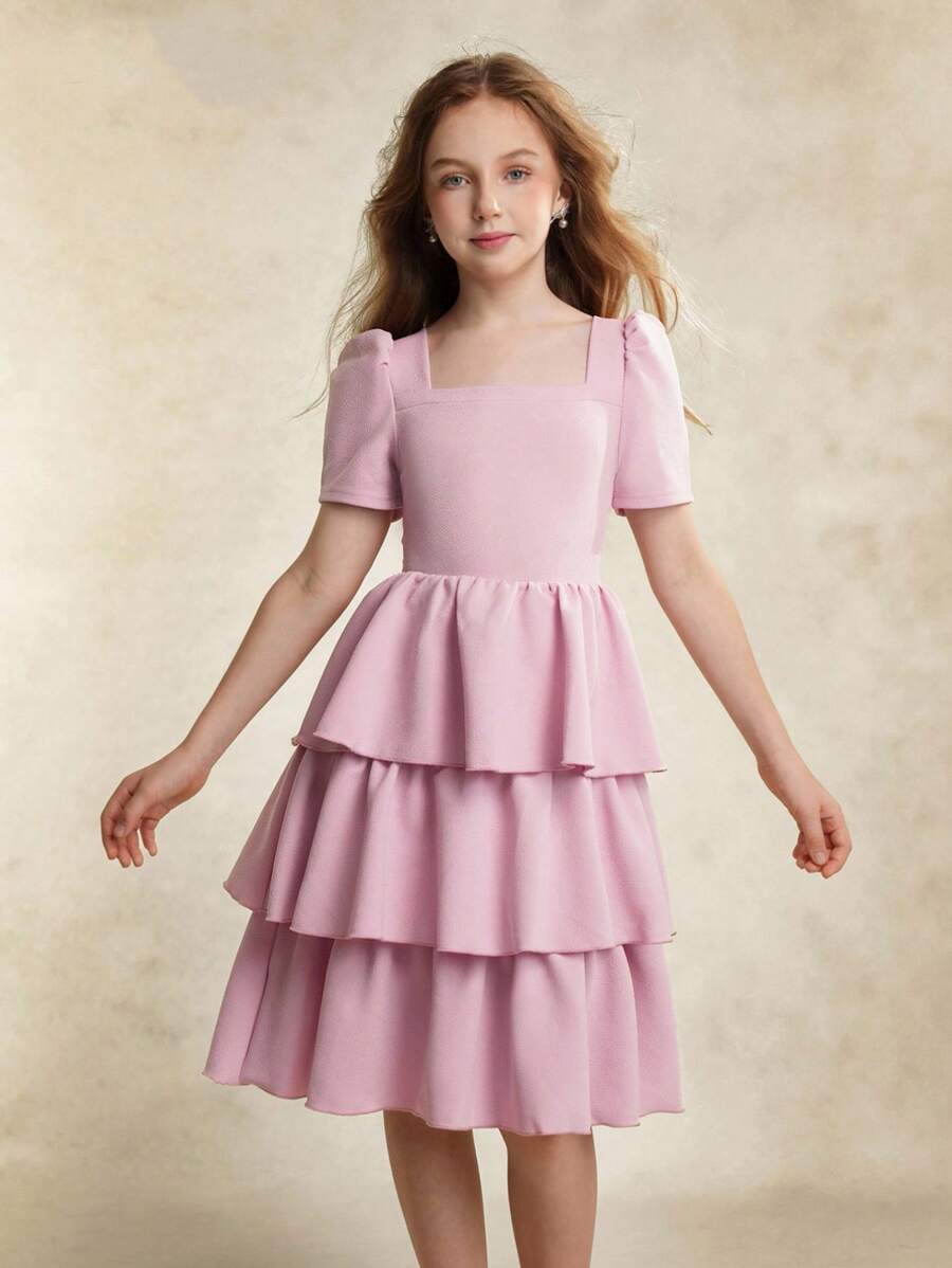 Tween Girls' Solid Color Puff Sleeve Square Neck Cake Dress Pink Dress ...